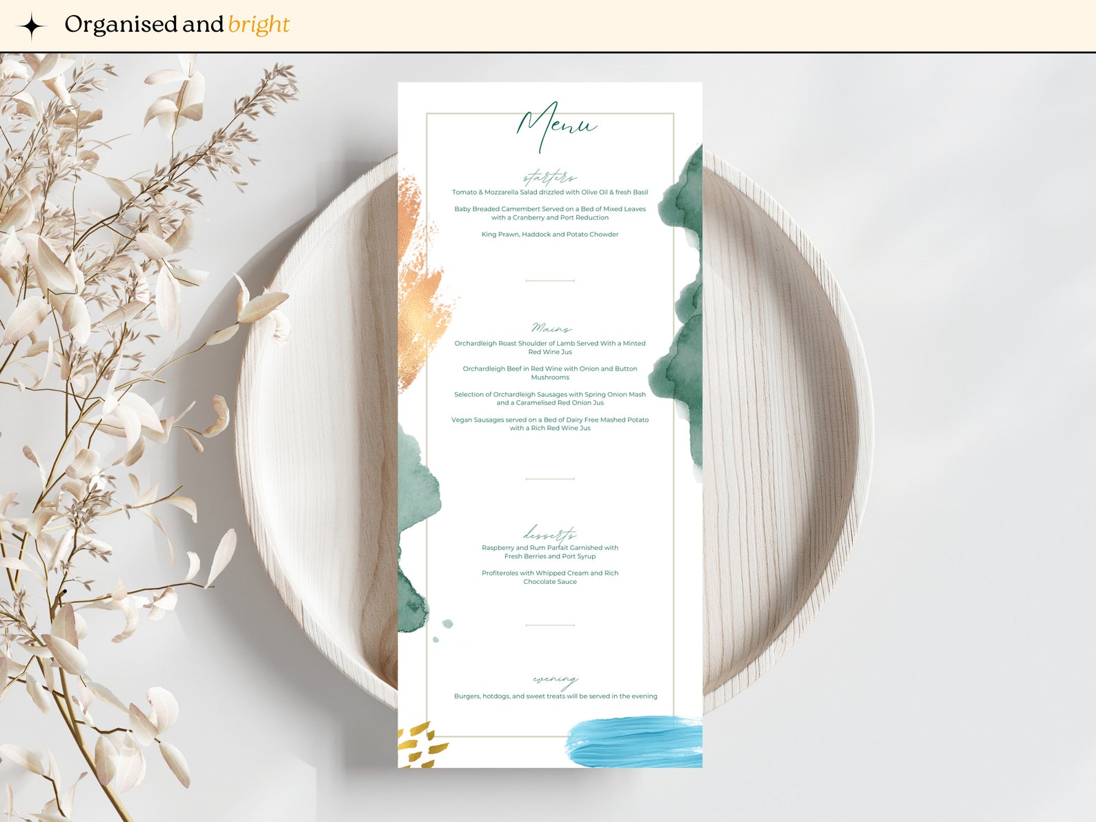 Watercolour Menu Template, Aqua Menu, Gold Menu, Garden Party Bridal ...