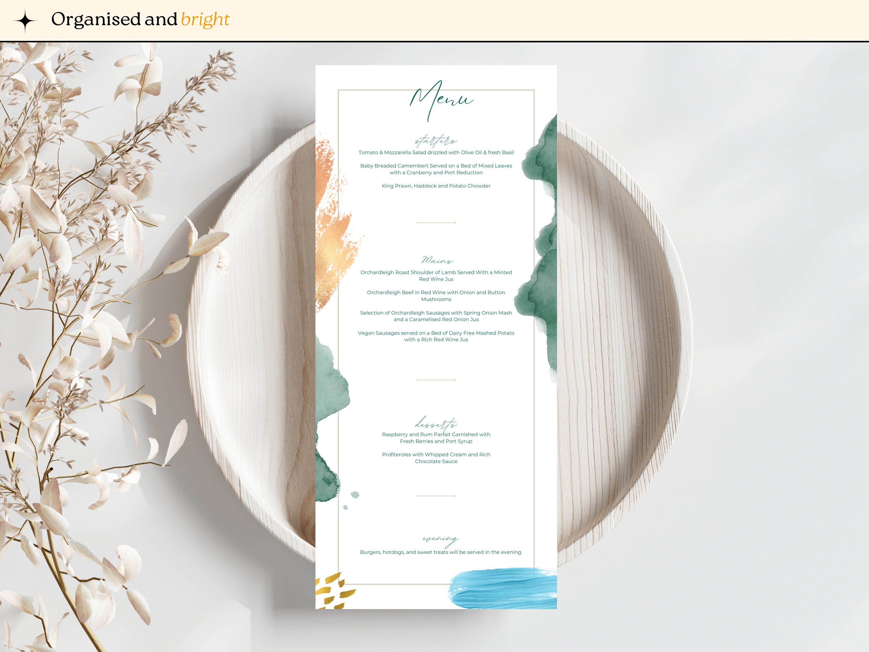 Watercolour Menu Template, Aqua Menu, Gold Menu, Garden Party Bridal ...