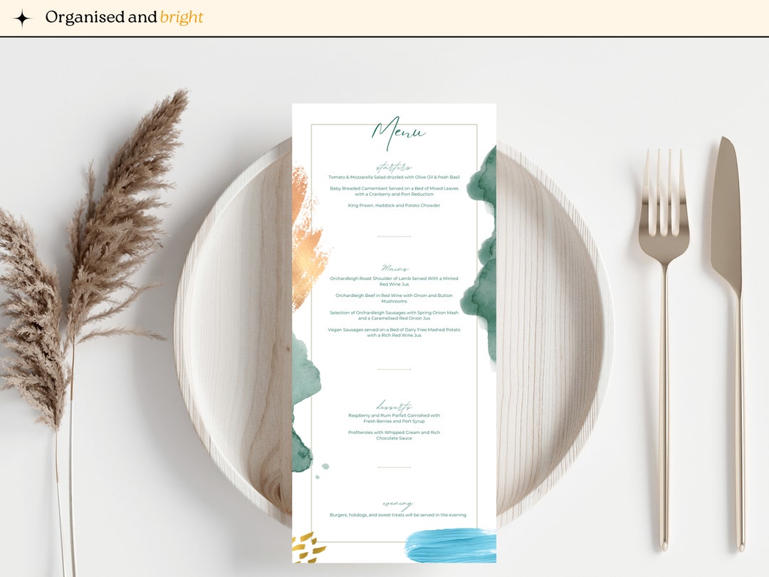 Watercolour Menu Template, Aqua Menu, Gold Menu, Garden Party Bridal ...