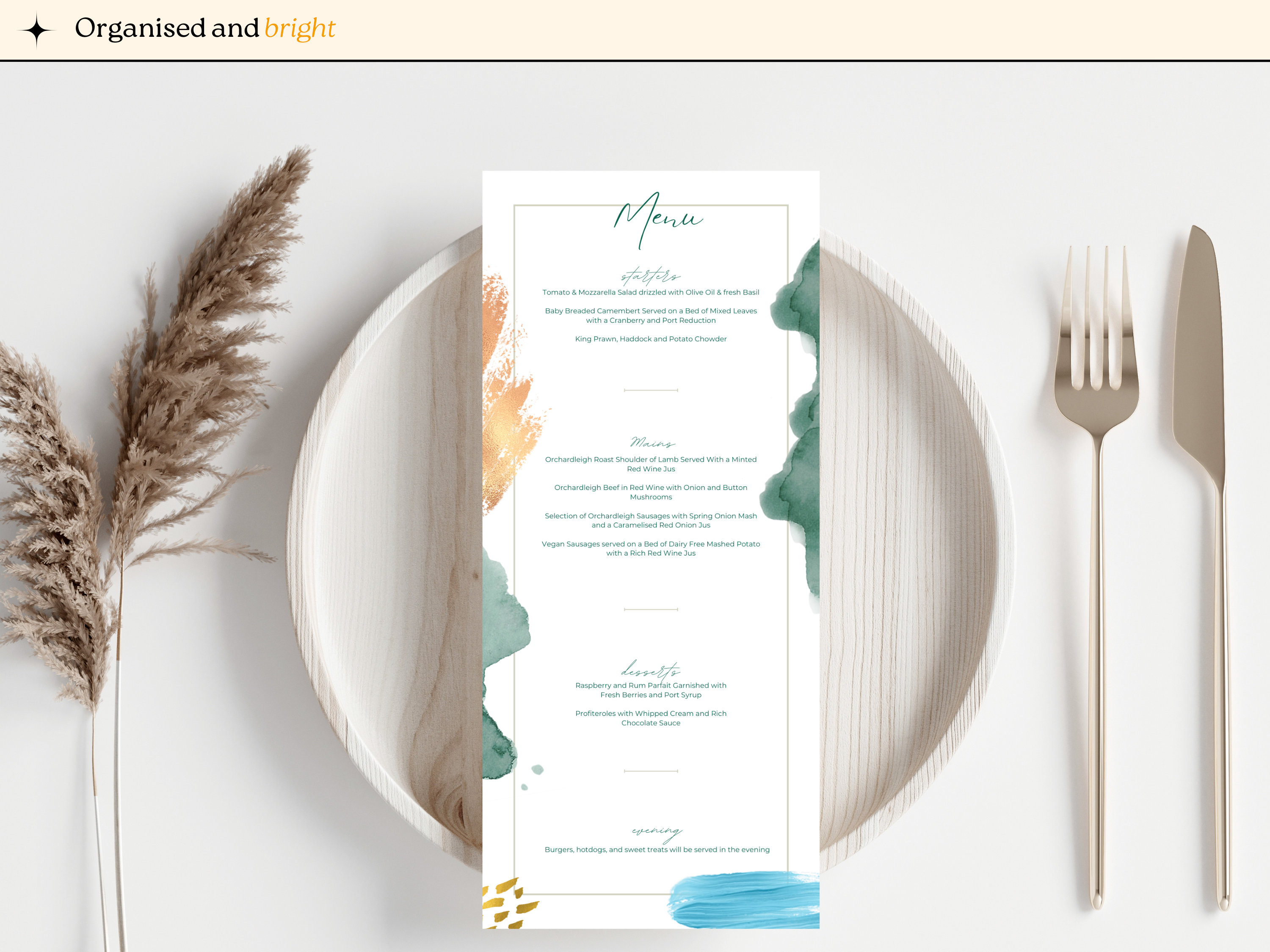 Watercolour Menu Template, Aqua Menu, Gold Menu, Garden Party Bridal ...