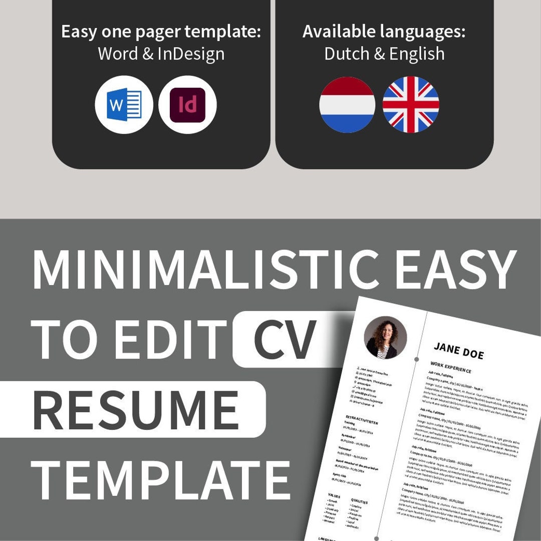 Minimalistic One Pager Resume Template Word Indesign Dutch/dutch ...