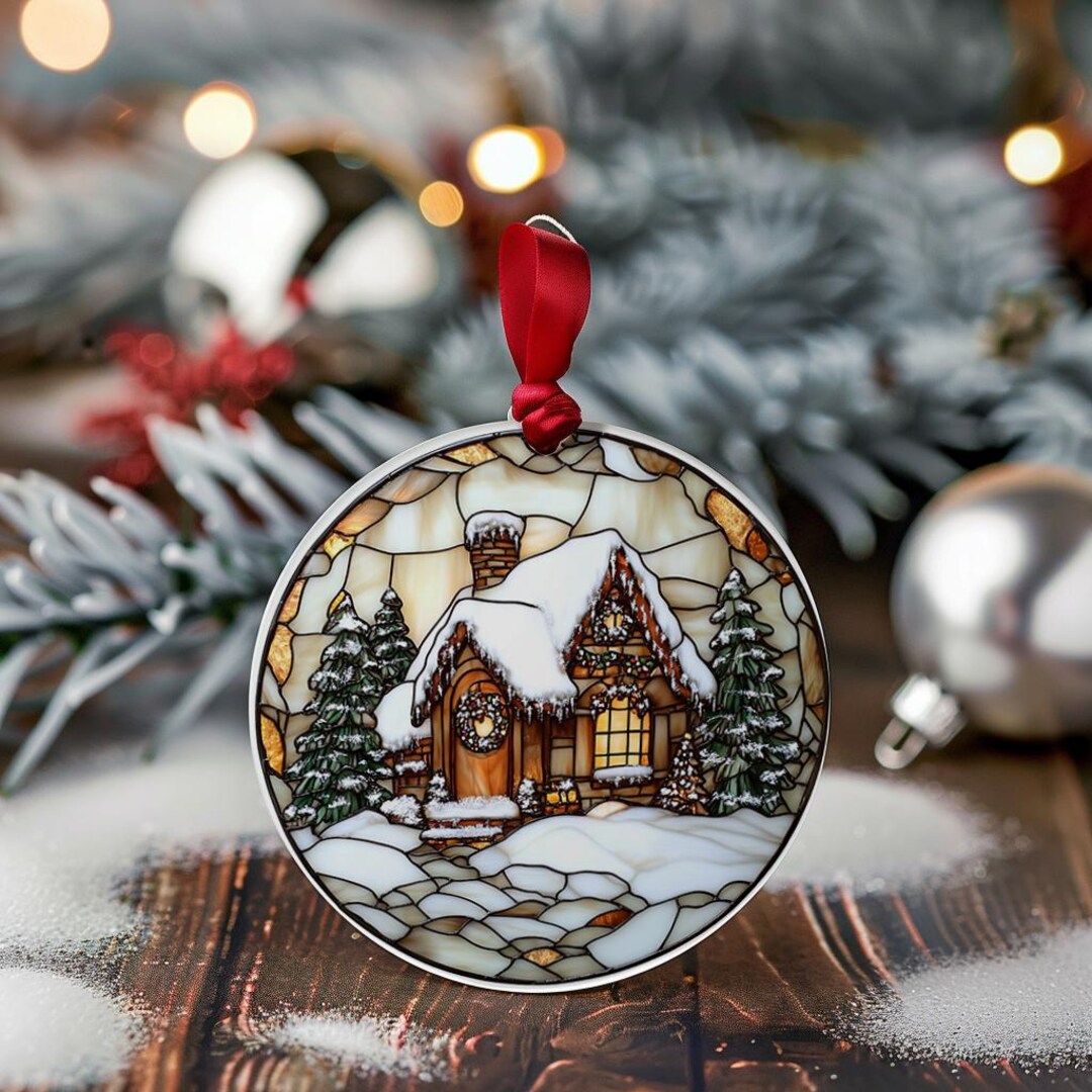 Stained Glass Winter Cottage Ornament - Cozy Snow-covered Cabin With ...