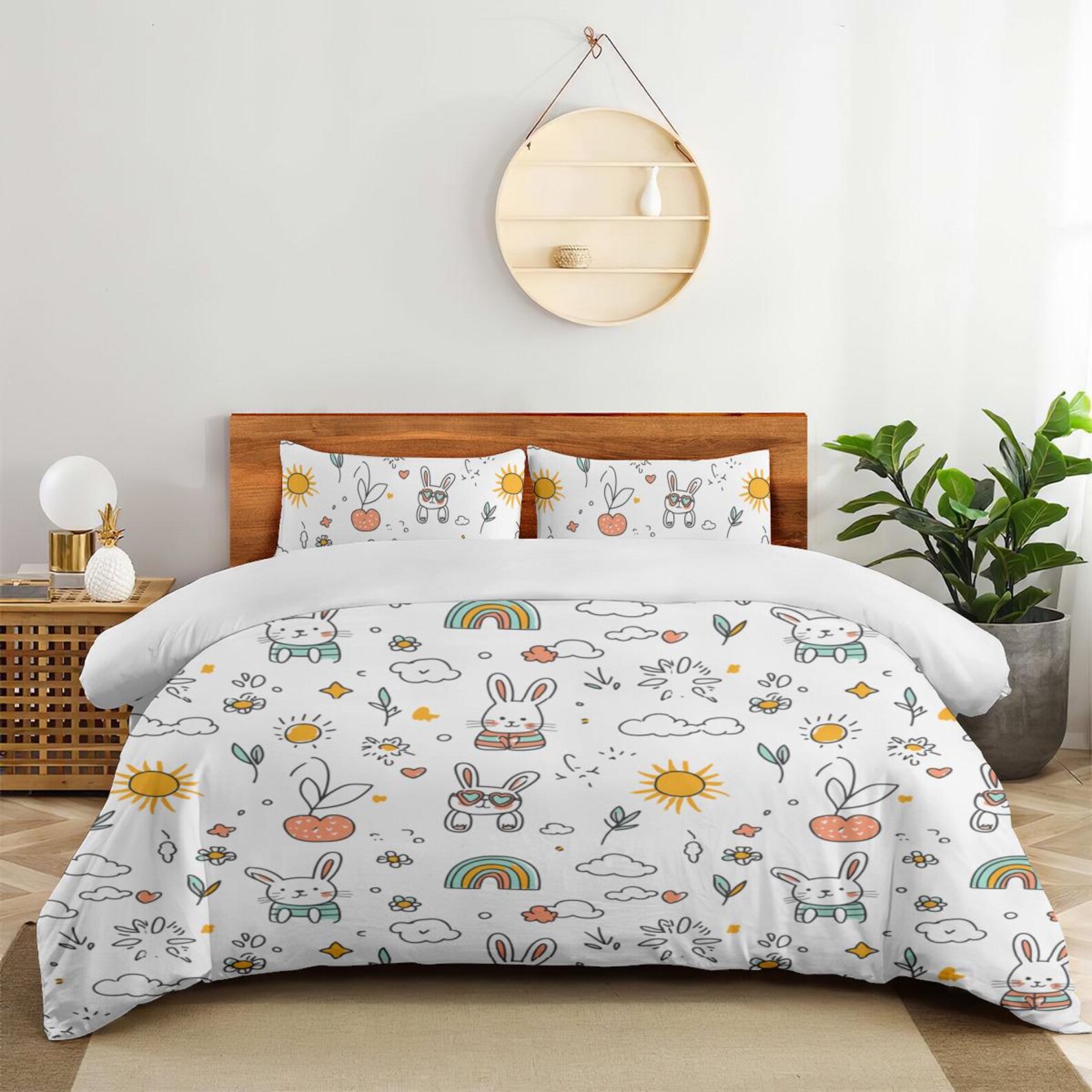 Adorable Bunny 4-piece Comforter Set, Springtime Rabbits With Rainbows ...