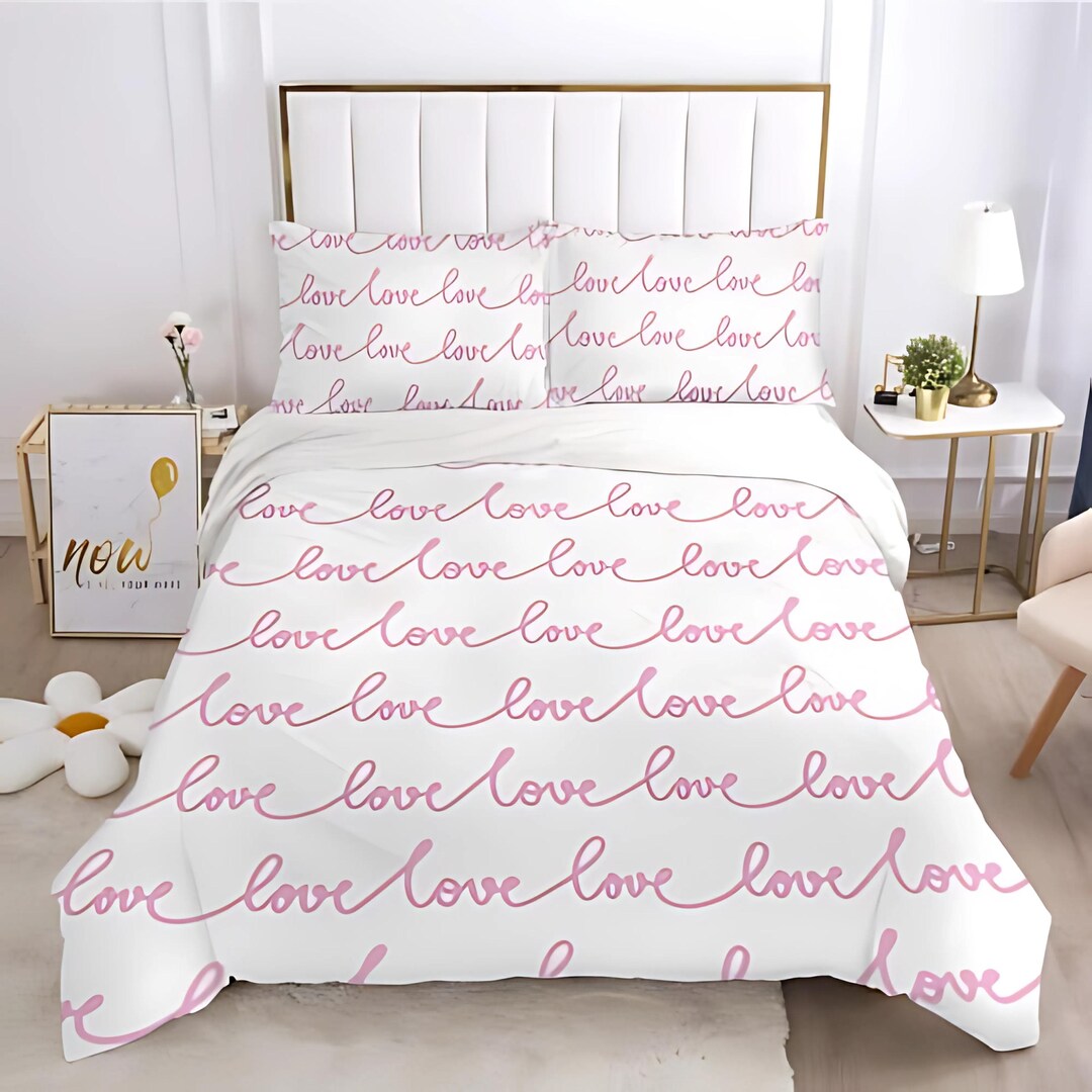 Romantic Pink "love" Print Quilt Set | 79x90 Inch Comforter Cover With ...