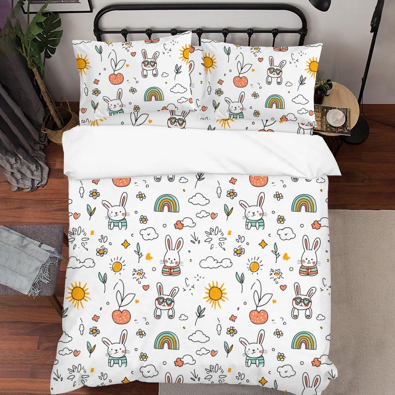 Adorable Bunny 4-piece Comforter Set, Springtime Rabbits With Rainbows ...