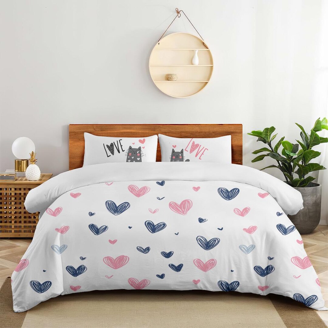 Pastel Heart Comforter Set - 4-piece Valentine's Day Bedding With Cat ...