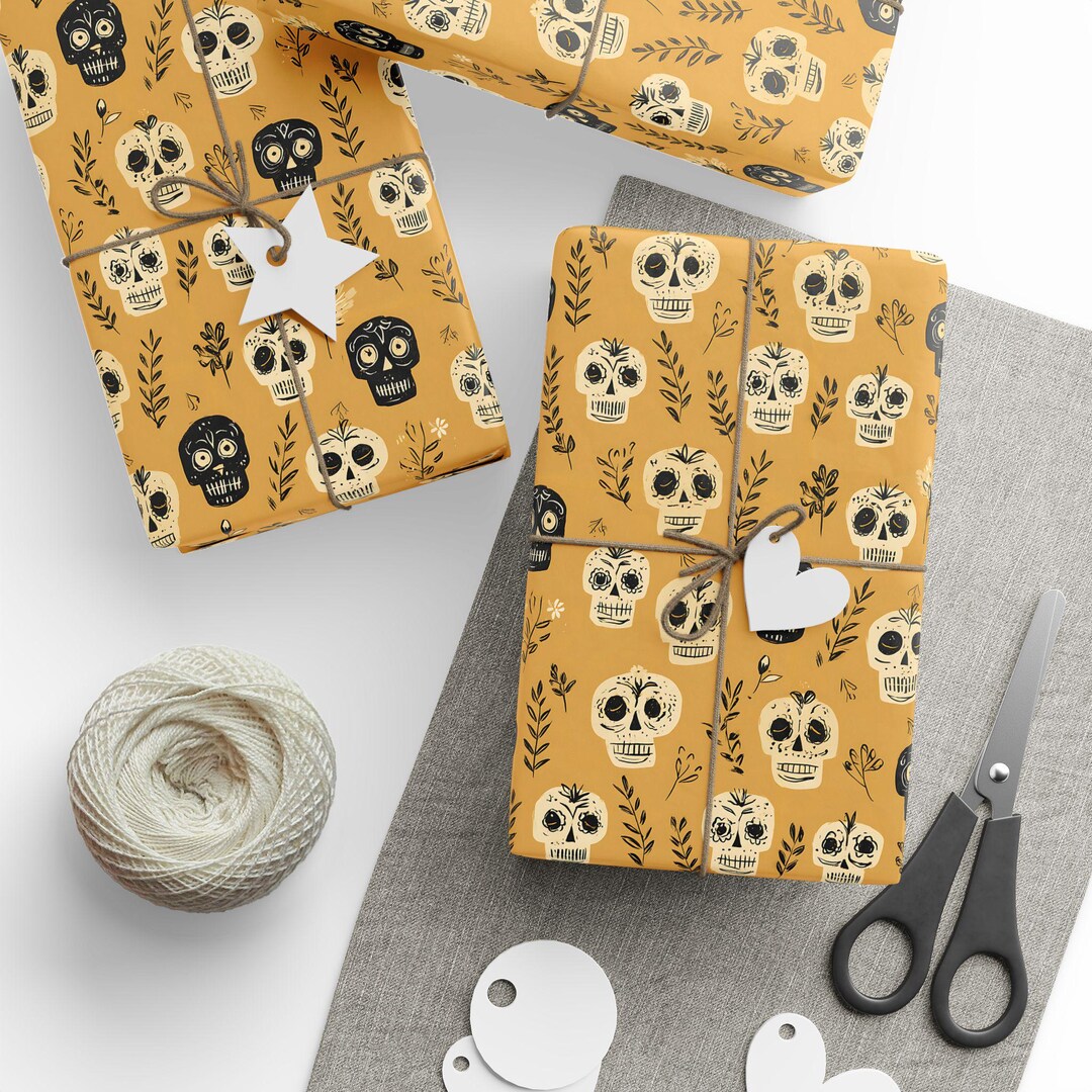 Sugar Skull Wrapping Paper: Dia De Los Muertos Folk Art, Mustard Yellow ...