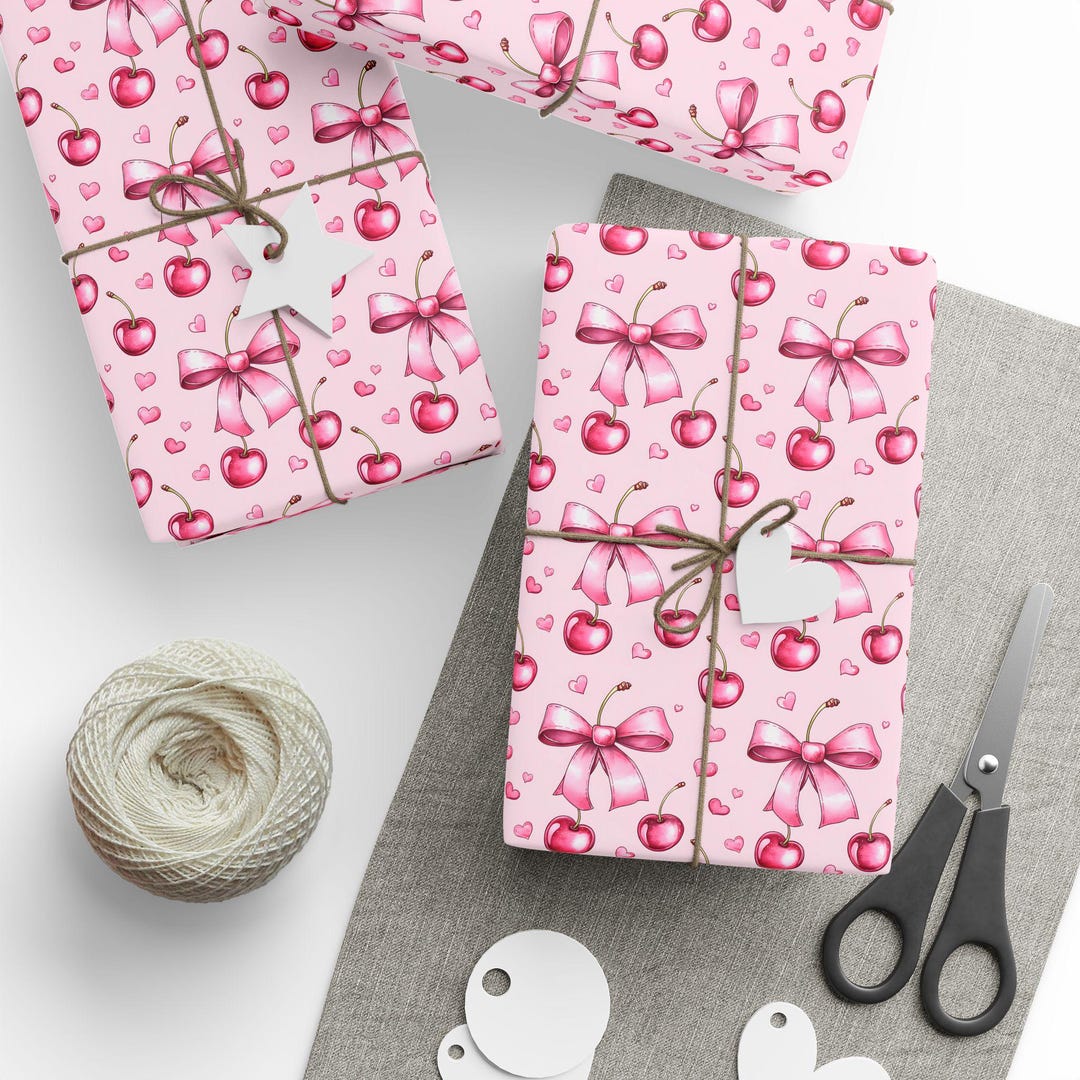 Wrapping Papers Set, Pink Bow and Cherries Design, Girly Gift for ...