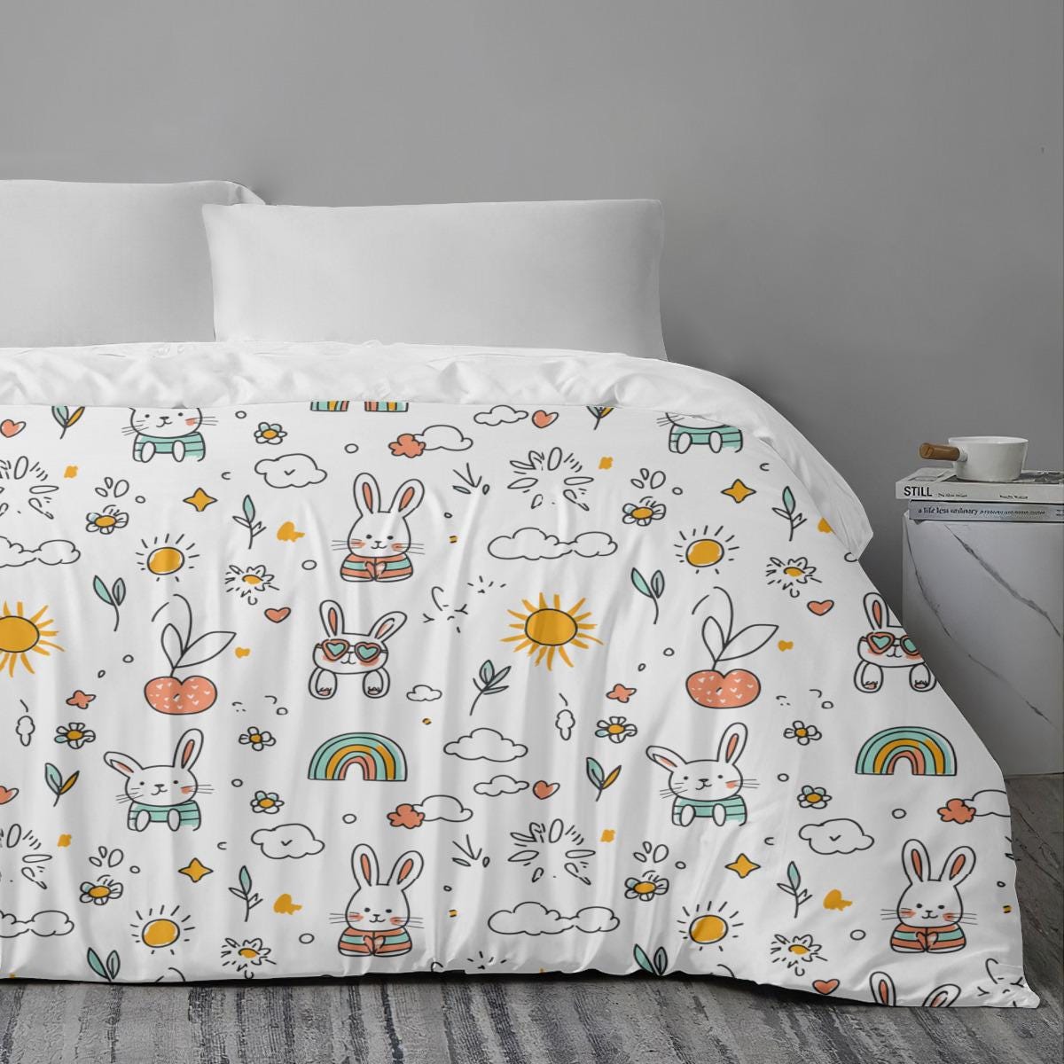 Adorable Bunny 4-piece Comforter Set, Springtime Rabbits With Rainbows ...