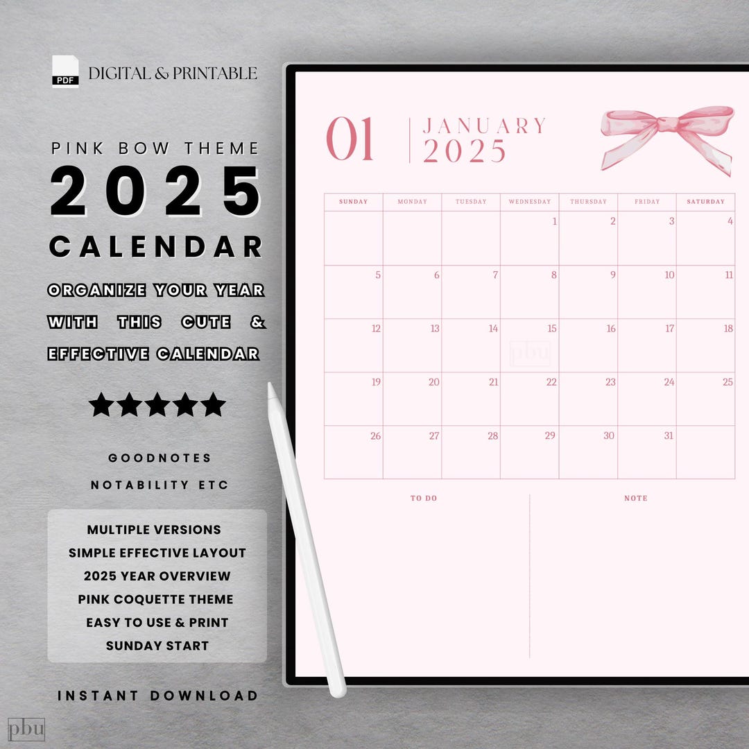 Pink Bow 2025 Calendar 2025 Coquette Monthly Planner Vertical Pink ...