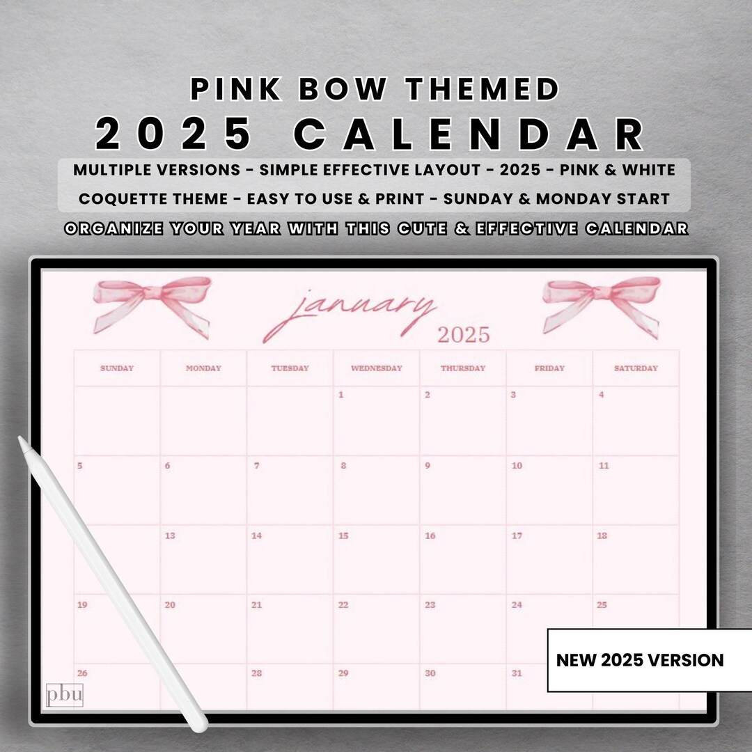 PINK BOW 2025 CALENDAR 2025 Monthly Planner Landscape Pink Girly Bow ...