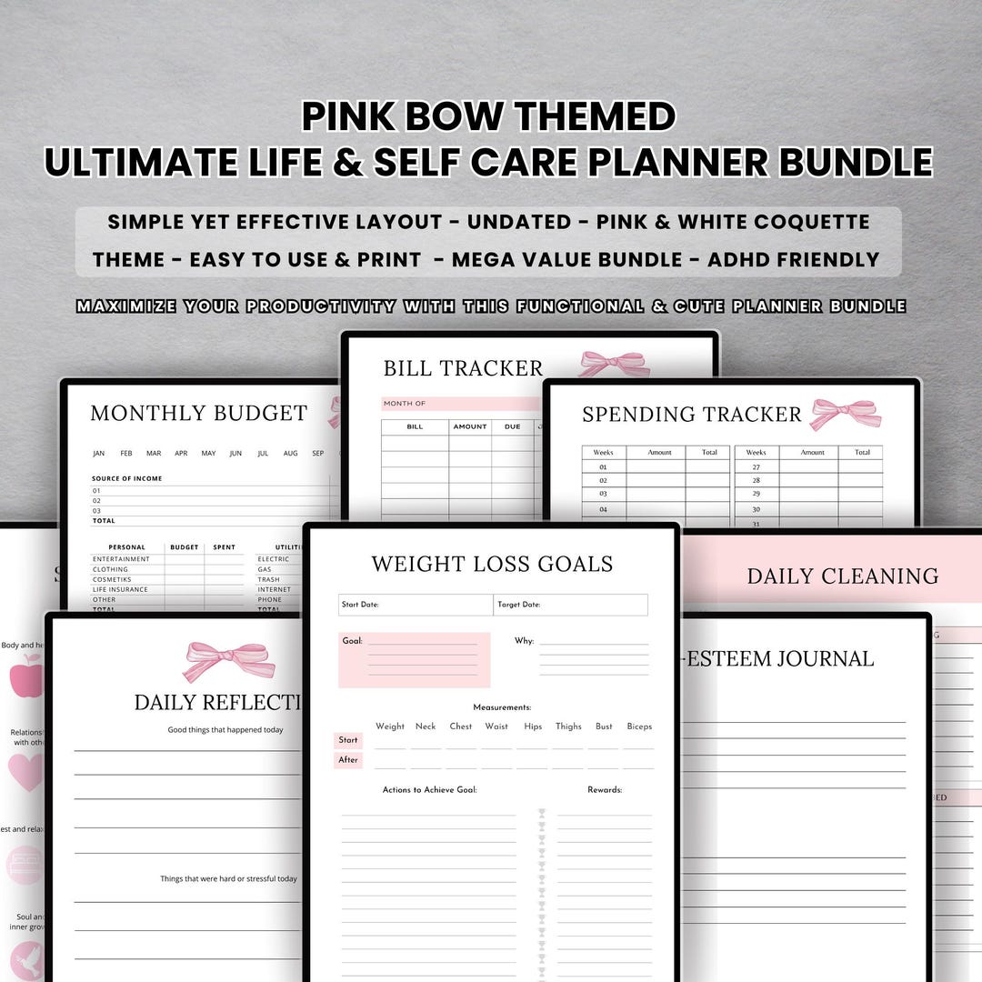 Pink Bow Planner Pink Bows Pdf Planner Bundle Goodnotes Planner Mental ...