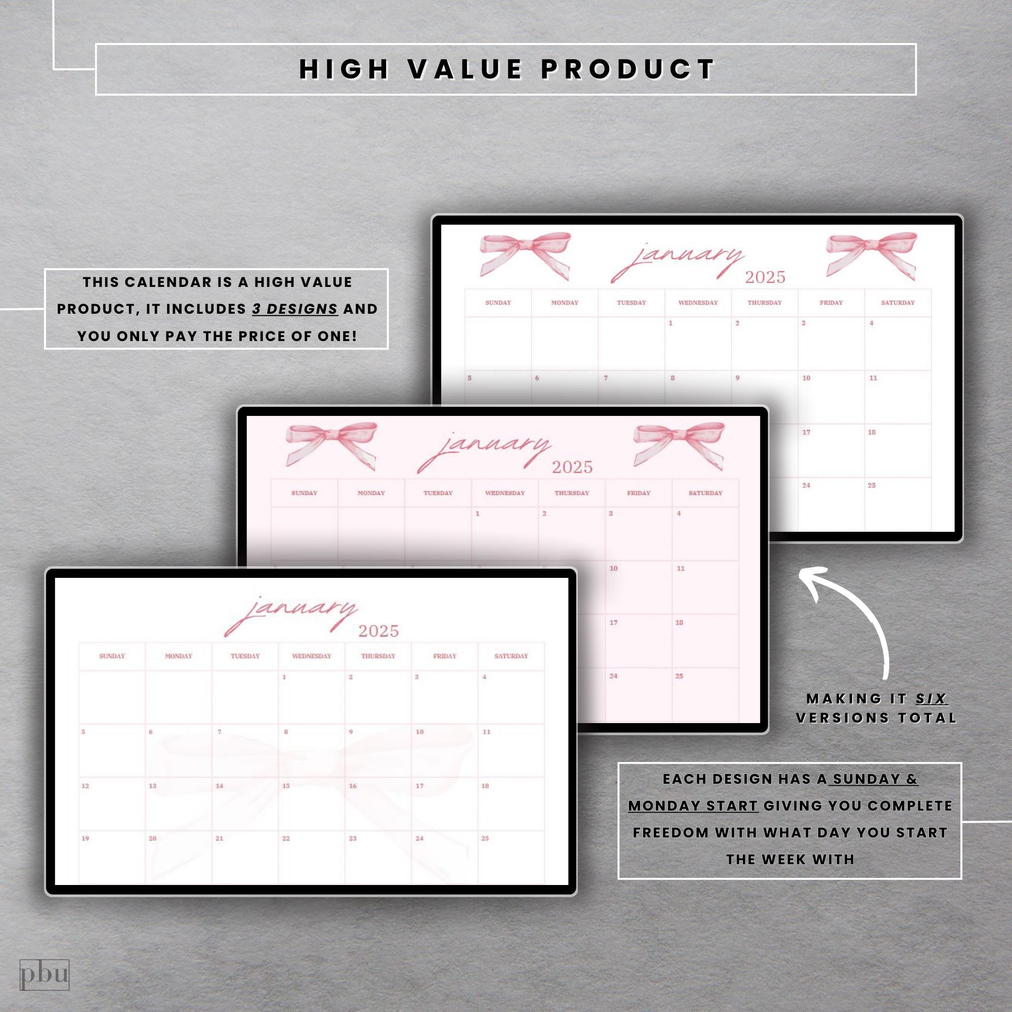 Pink Bow Calendar 2025 Goodnotes Monthly Planner Digital Download Pdf ...