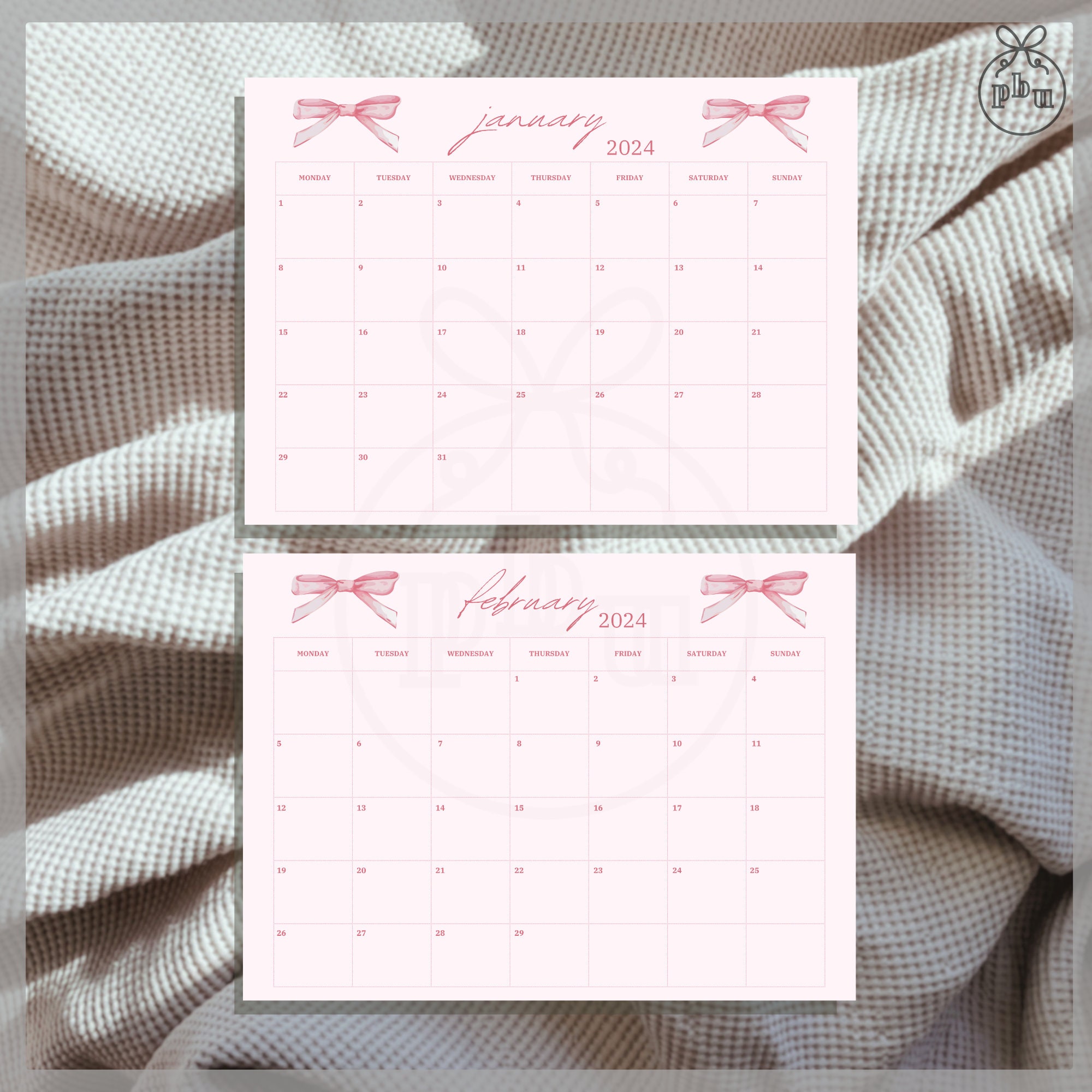PINK BOW 2024 CALENDAR 2024 Monthly Planner Landscape Pink Girly Bow ...