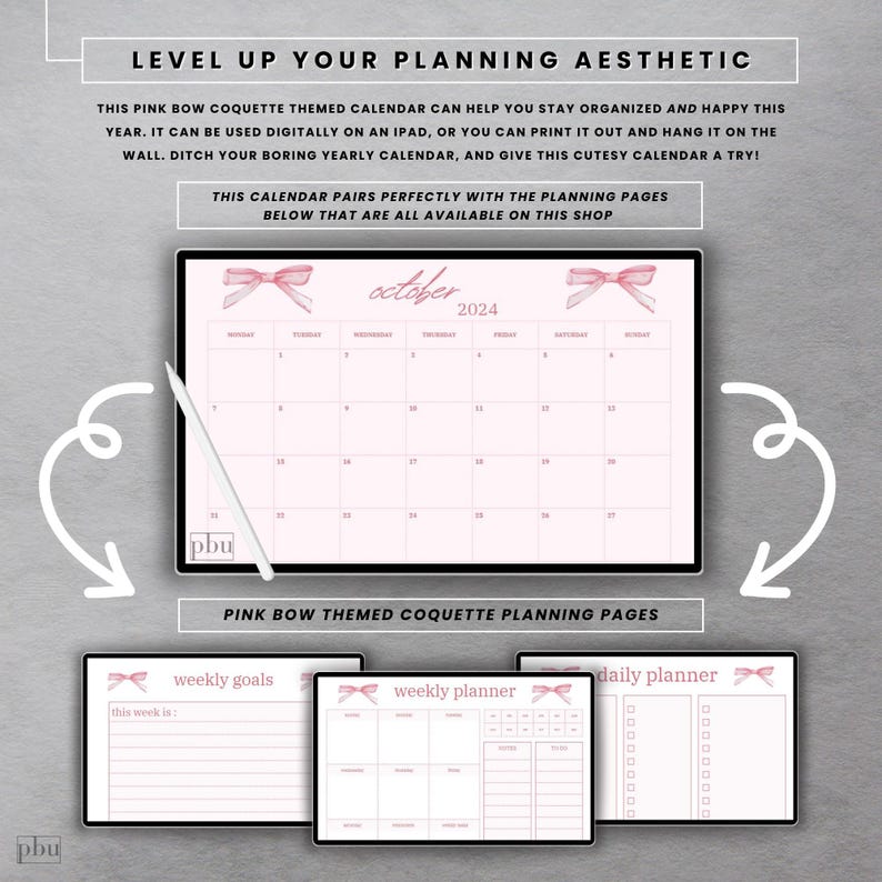 Pink Bow Calendar 2025 Goodnotes Monthly Planner Digital Download Pdf ...