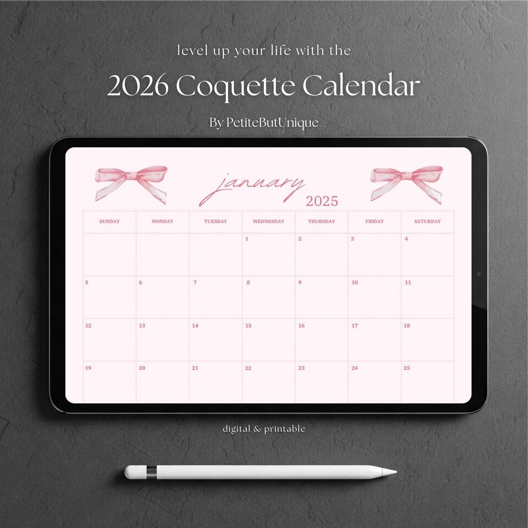 Pink Bow Calendar 2026 Goodnotes Monthly Planner Digital Download Pdf ...