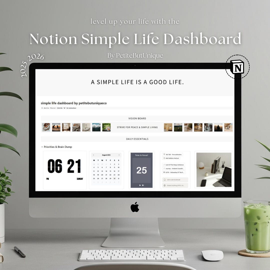 2025-2026 Simple Life Notion Dashboard Digital Planner Journal Template Second Brain Easy Adhd ...