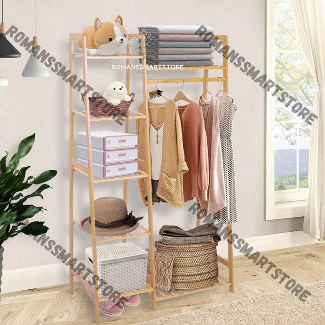 Bamboo 7-tier Garment Rack: Wooden Clothes Organizer & Closet Shelves ...