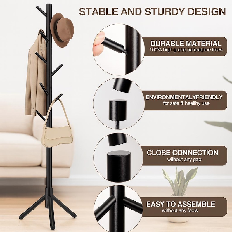 Modern Wooden Coat Rack With 8 Hooks, Adjustable Height - Etsy