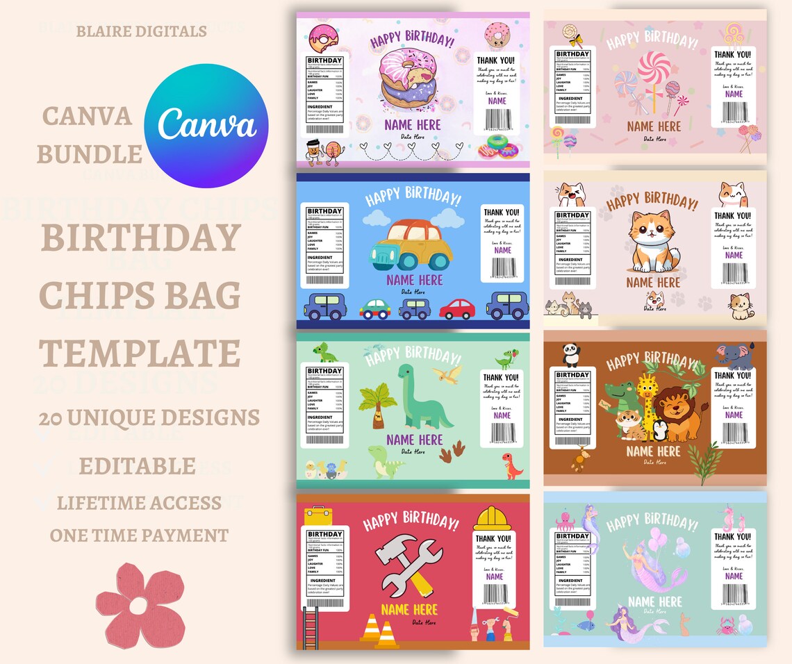 20 EDITABLE Chip Bag Design Template Birthday Chip Bag Canva Template ...