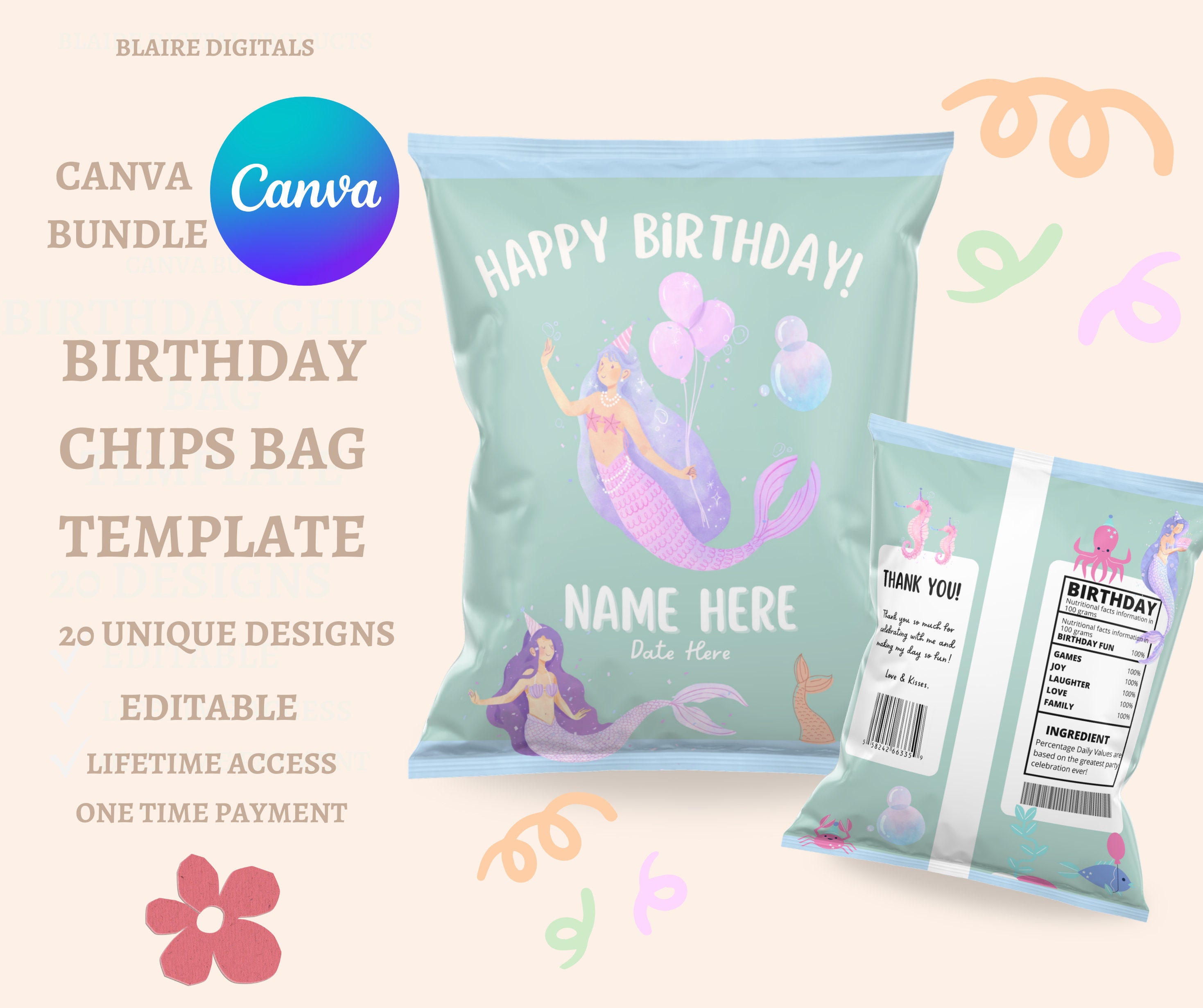 20 EDITABLE Chip Bag Design Template Birthday Chip Bag Canva Template ...