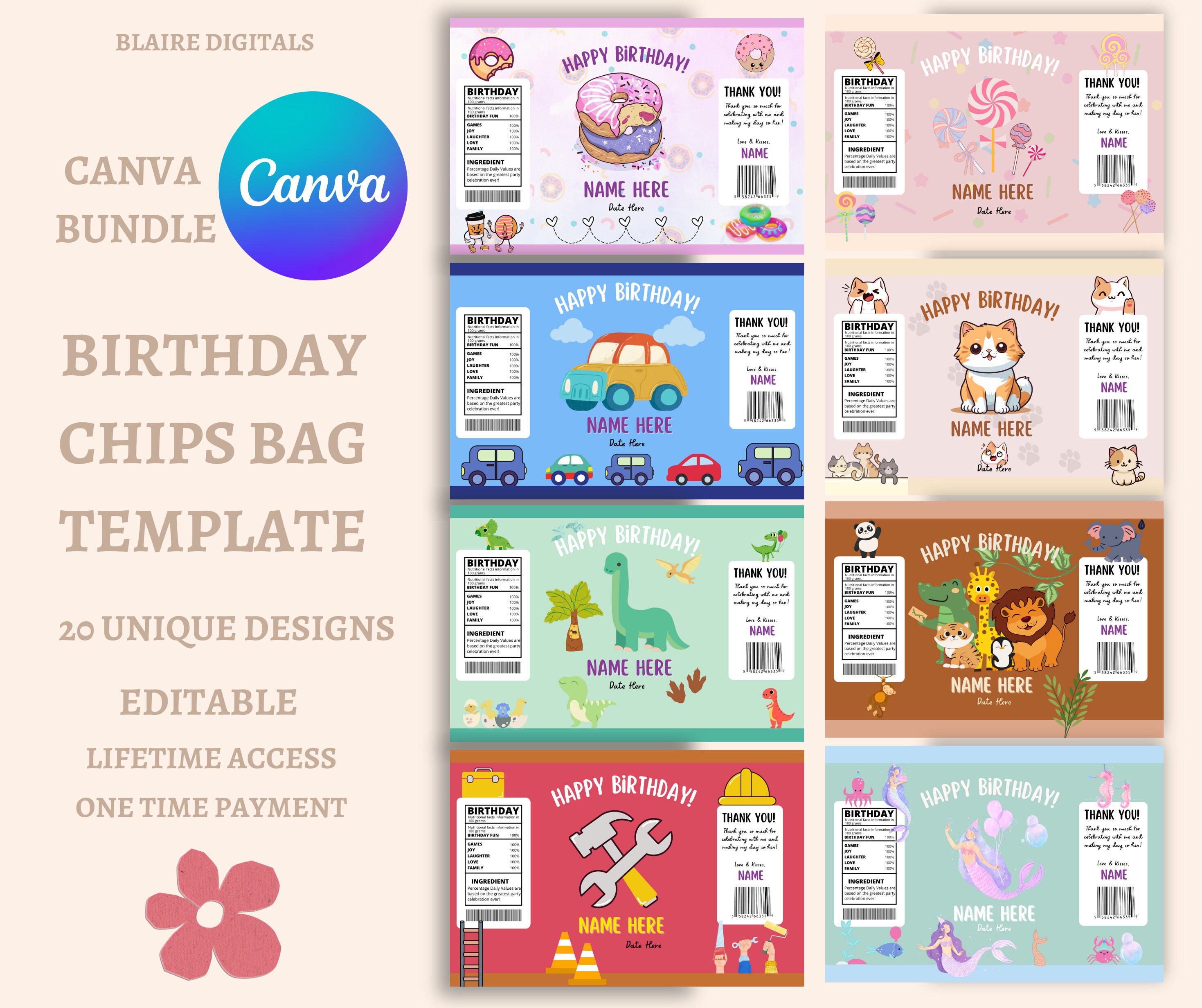 20 EDITABLE Chip Bag Design Template Birthday Chip Bag Canva Template ...