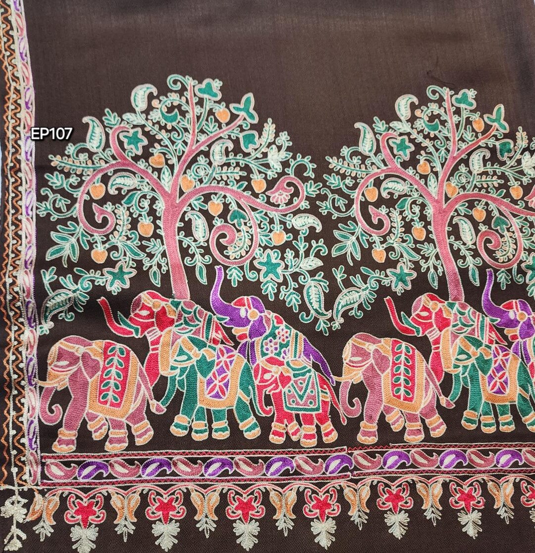Elephant Border Full Sized Embroidered Shawl, Kashmiri Work, Pashmina ...
