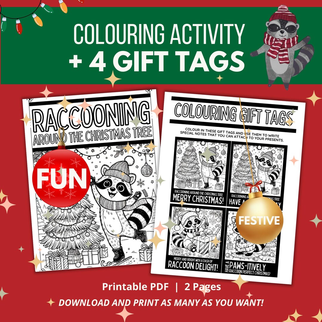 Christmas Raccoon Coloring Page & Gift Tags (PDF) - Etsy