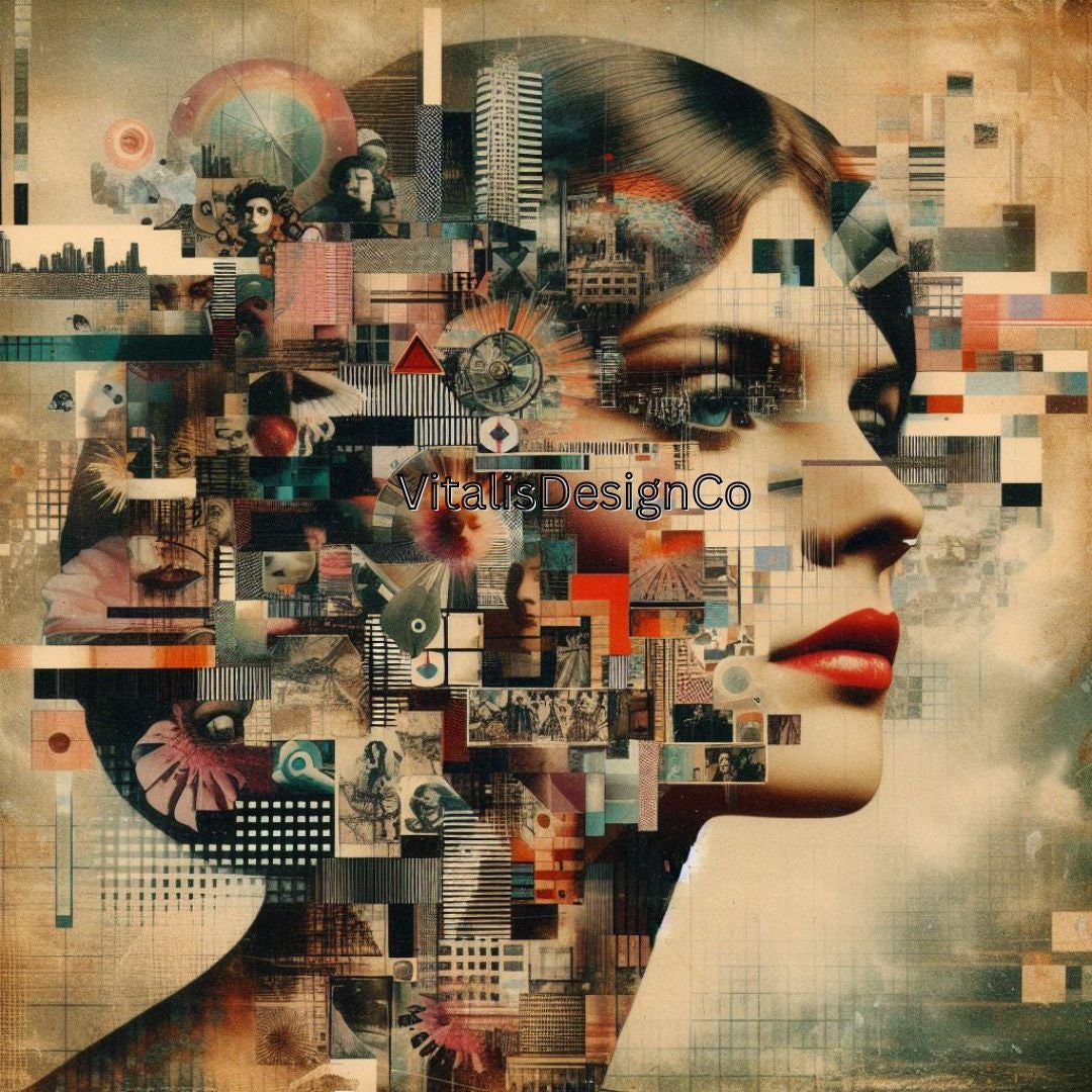 Vintage Abstract Collage Woman Profile Wall Art Print Poster Digital ...