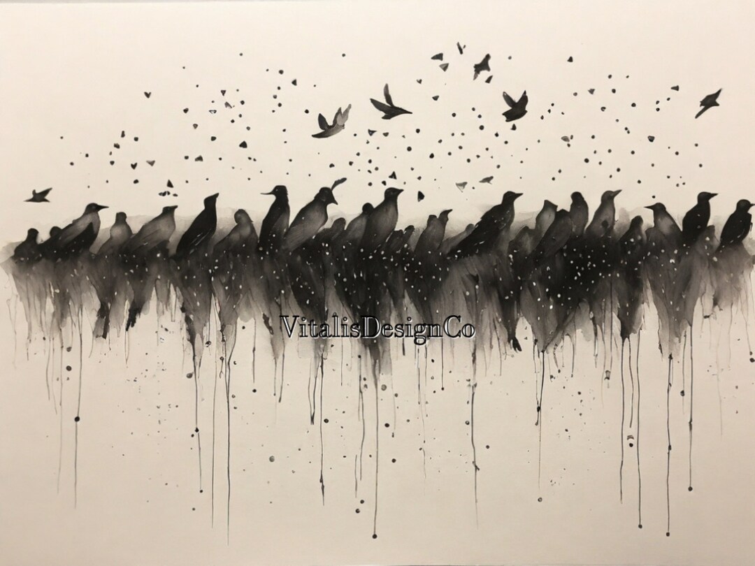 Flock of Birds Starling Murmuration Neutral Pen and Ink-style Series Ai ...