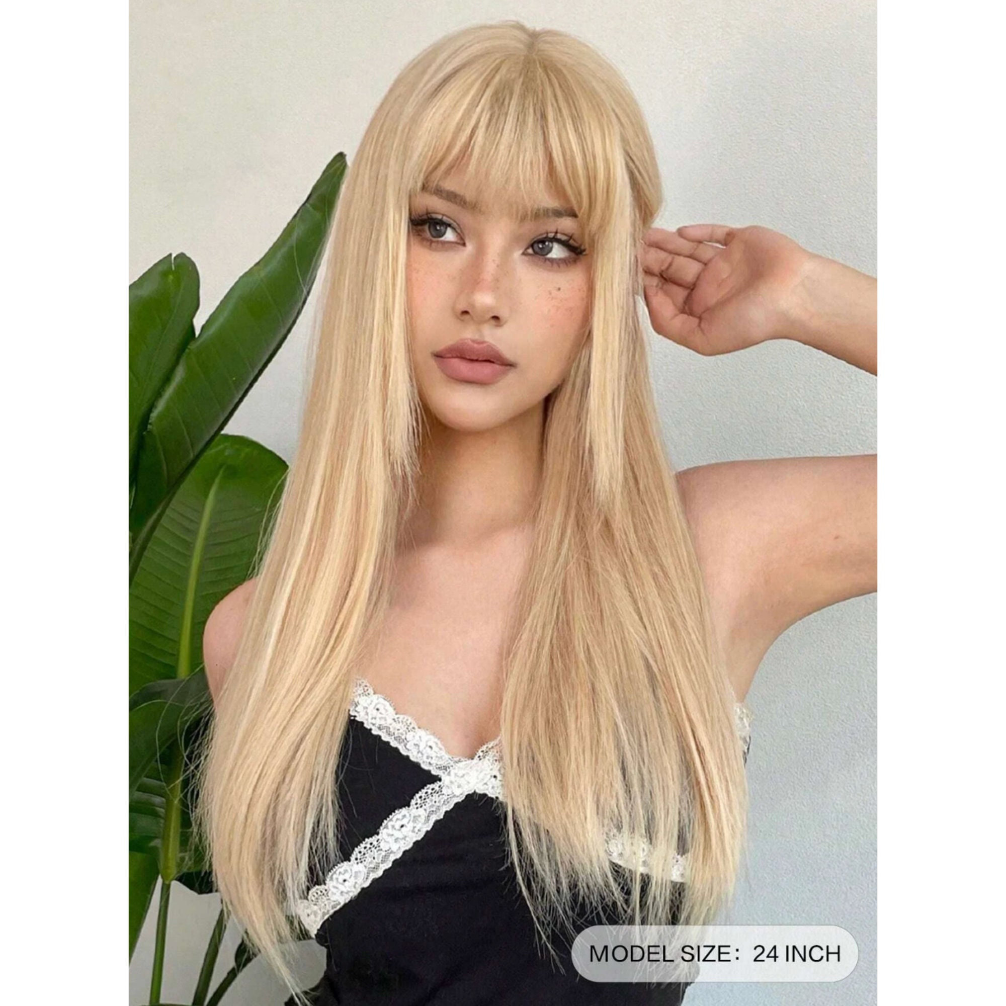 Gold Long Straight Synthetic Heat Resistant Wigs Blonde Wig With Bangs ...