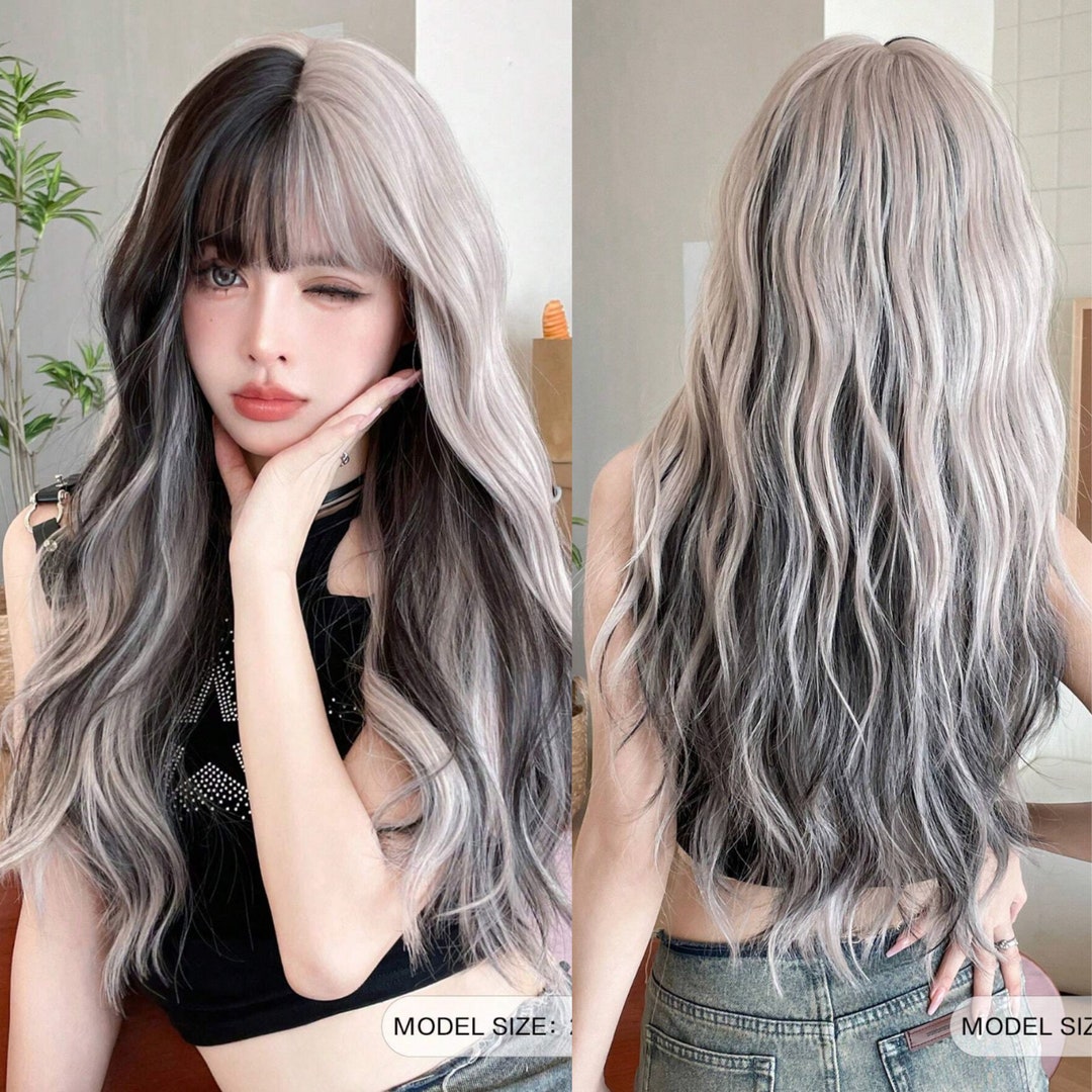 Silver Gray Wavy Wig With Bangs Long Wave Split Dye Wig Synthetic Heat ...