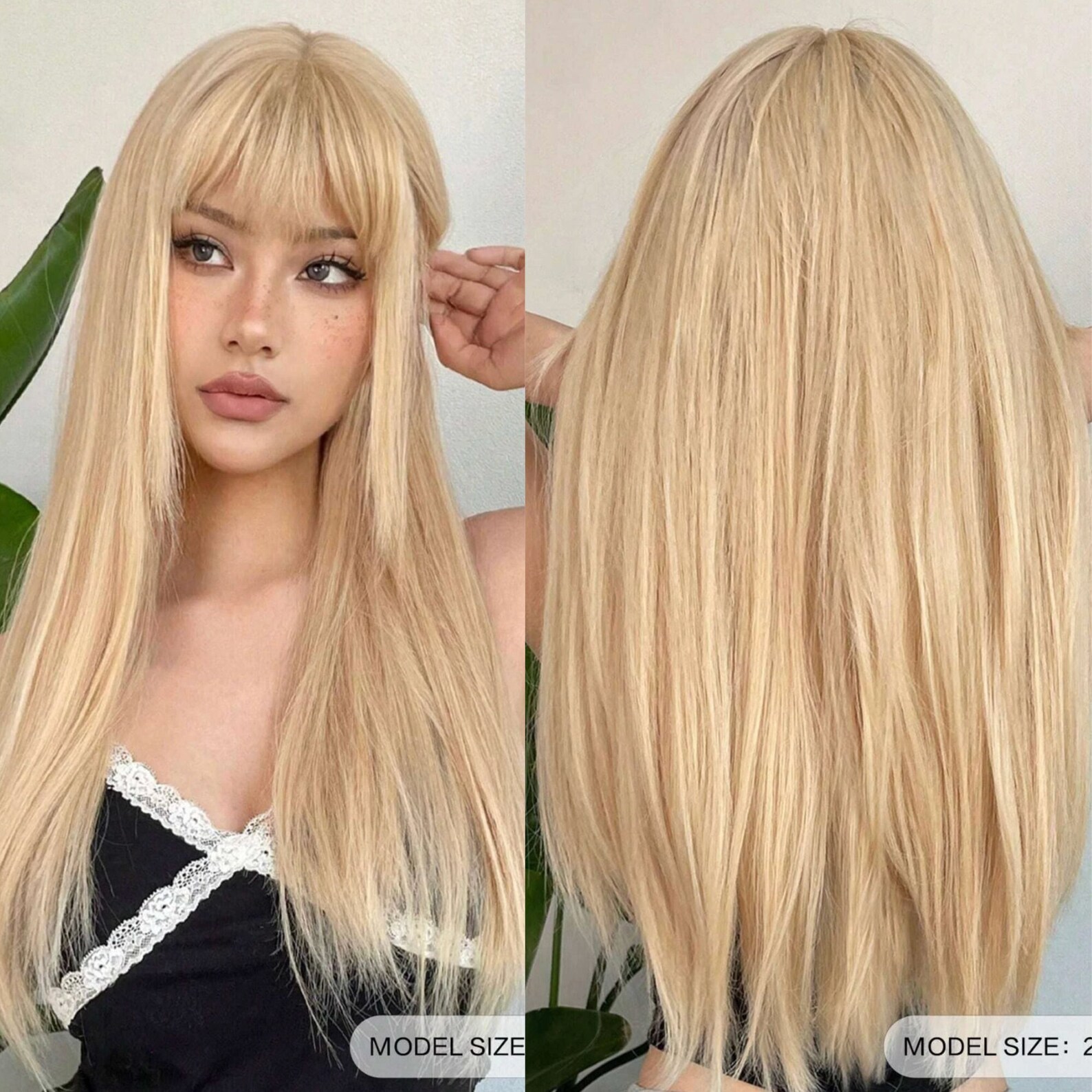 Gold Long Straight Synthetic Heat Resistant Wigs Blonde Wig With Bangs ...