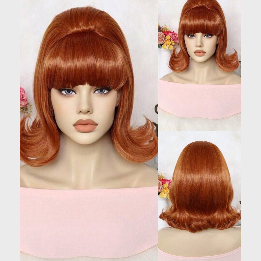 Retro Wavy Flip Beehive Wig With Flat Bangs Copper Orange 12 Inch Short ...