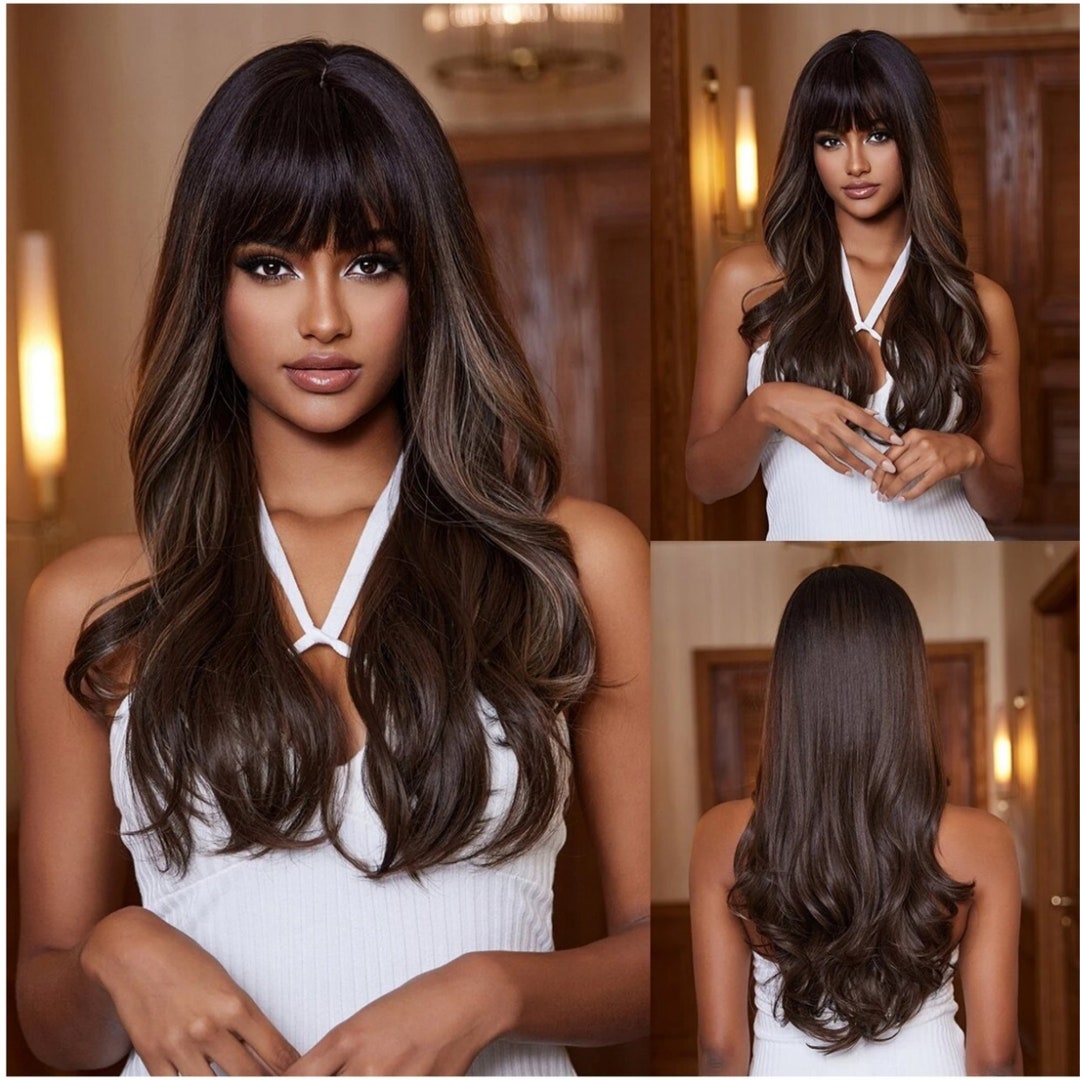 Long Curly Wig, Bangs Wig, Long Hair Wig, Women's Wig. Airy Bangs Big ...