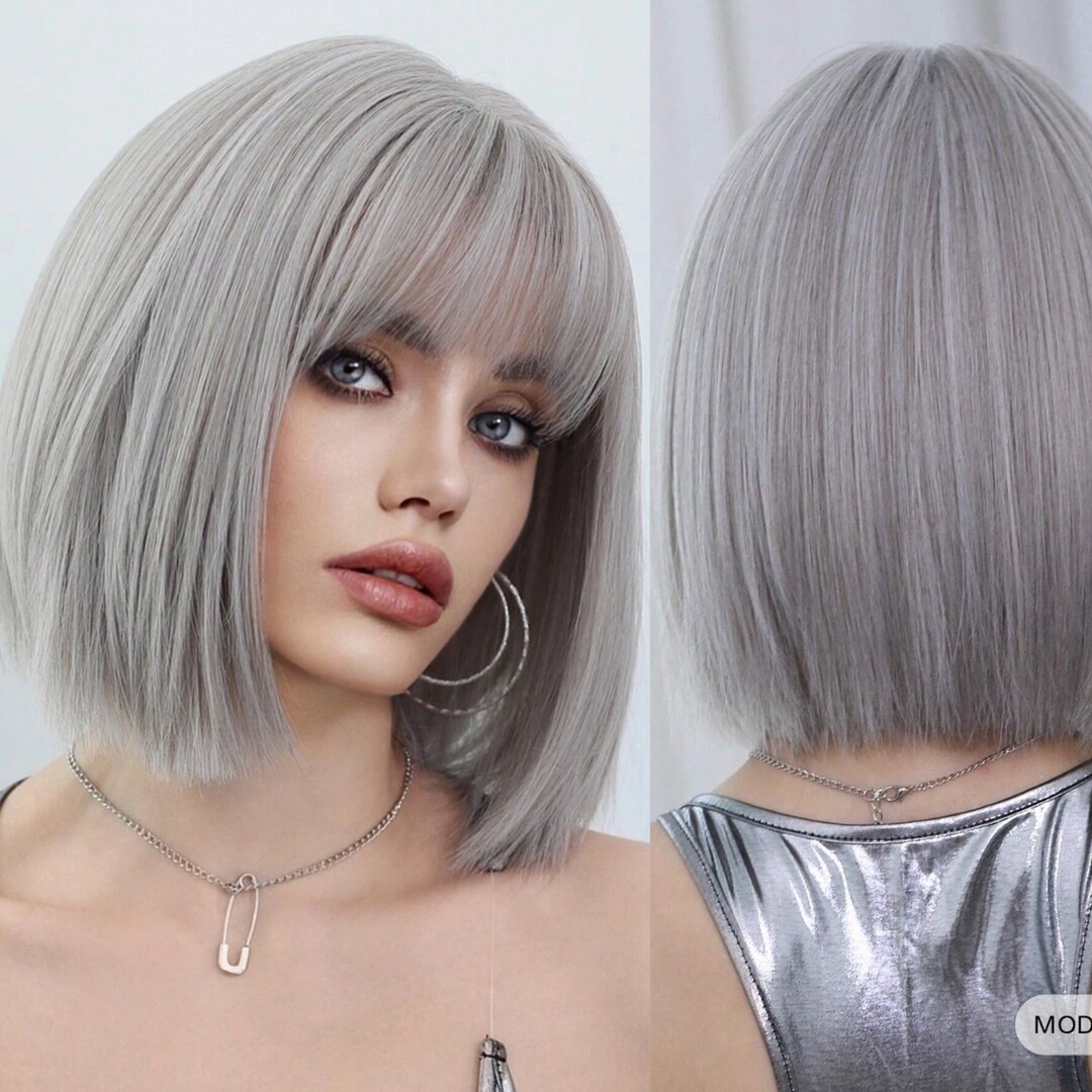 Grey Bob Wig Mixed White Highlight Wig Fashion Short Straight Hair ...