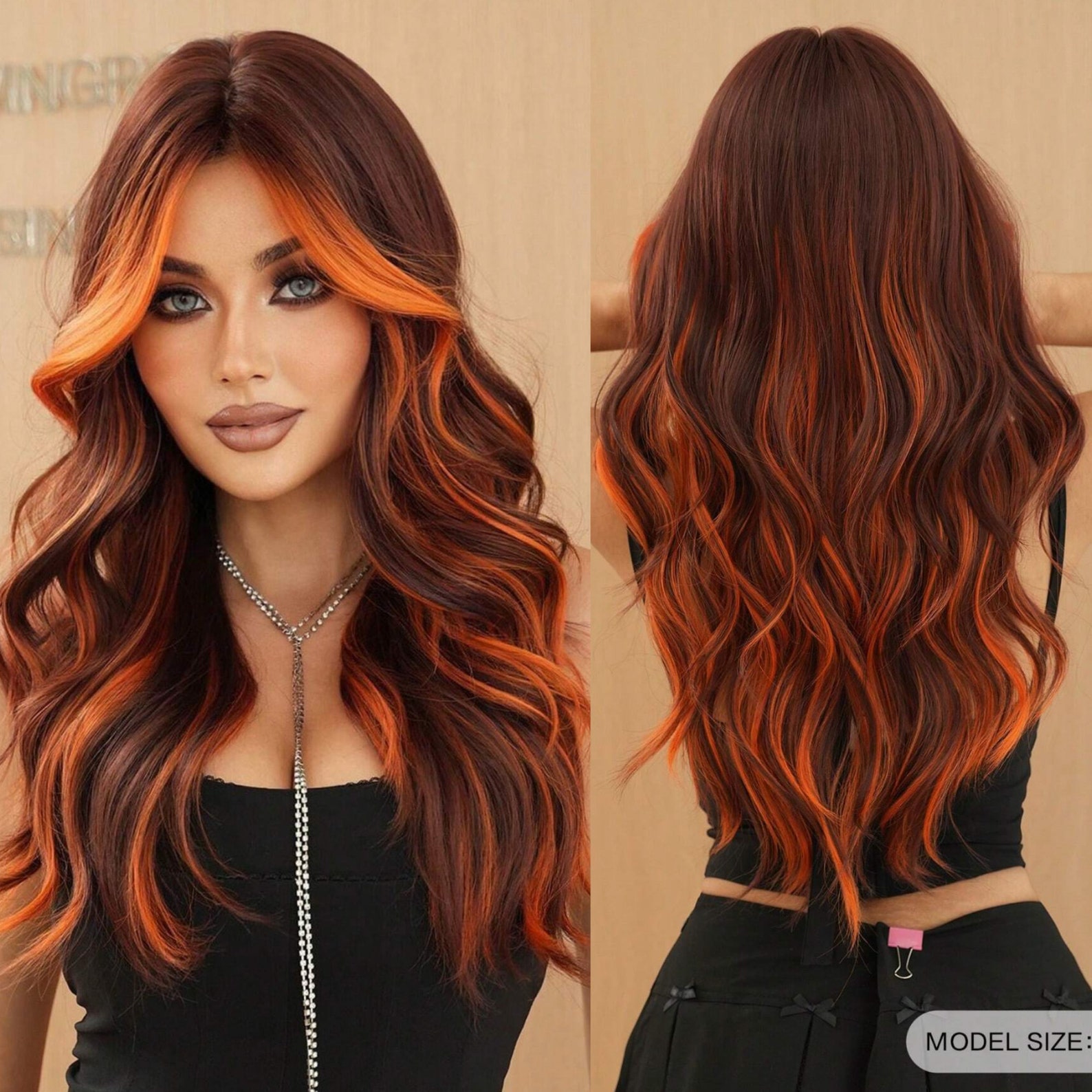 Flame Orange Highlight Wigs for Women Soft Long Wavy Wig With Curtain ...