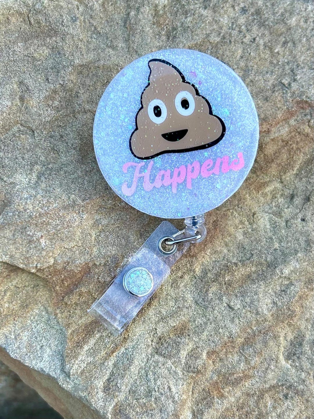 Cute & Sparkly Emoji Retractable Badge Reel - Poo Happens, Nurse ID ...