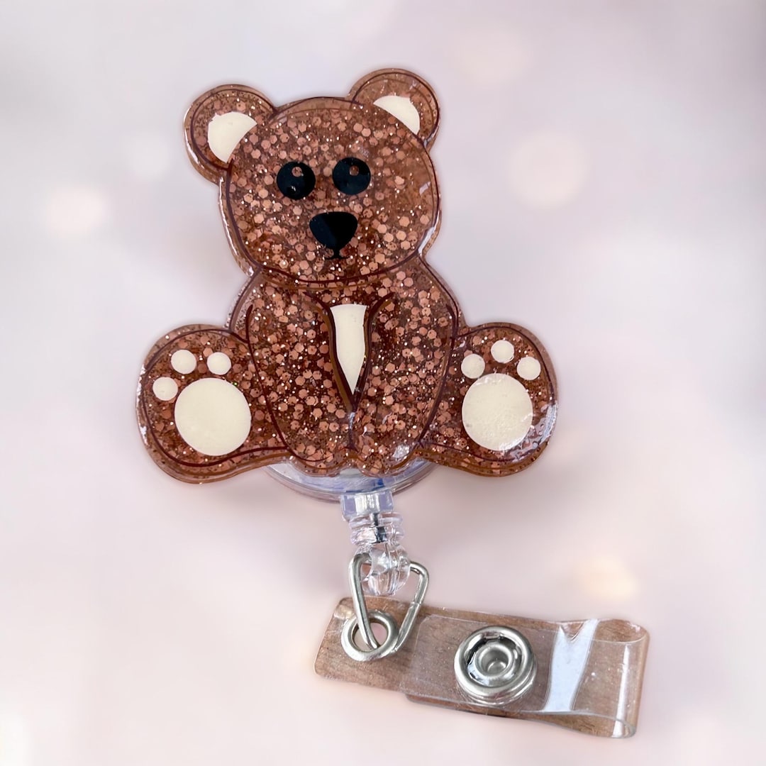 Teddy Bear Badge Reel Cute Nurse Badge Holder | Handmade Glitter ...
