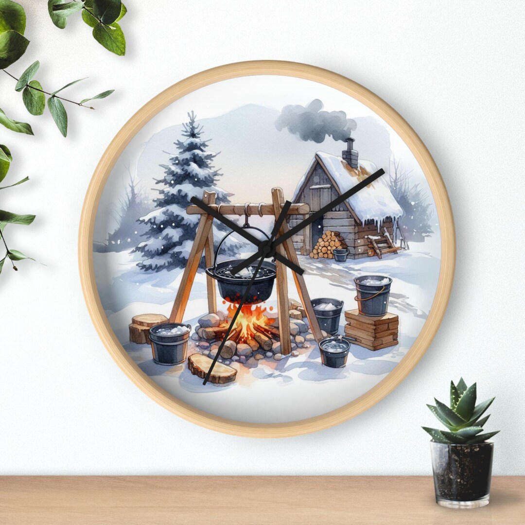 Vintage Sugar Shack Wall Clock, Old-fashioned Winter Sap Boiling Scene ...