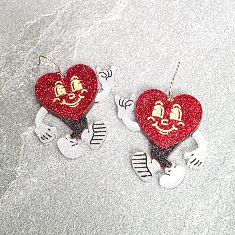 Retro Valentine Heart Cartoon Acrylic Earrings: Funny Kitsch Valentine ...