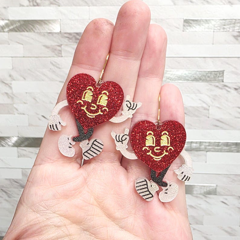 Retro Valentine Heart Cartoon Acrylic Earrings: Funny Kitsch Valentine ...