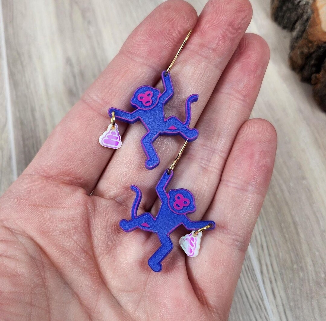 Funny Weird Monkey Throwing Pooping Earrings | Whimsical Fun Laser Cut ...