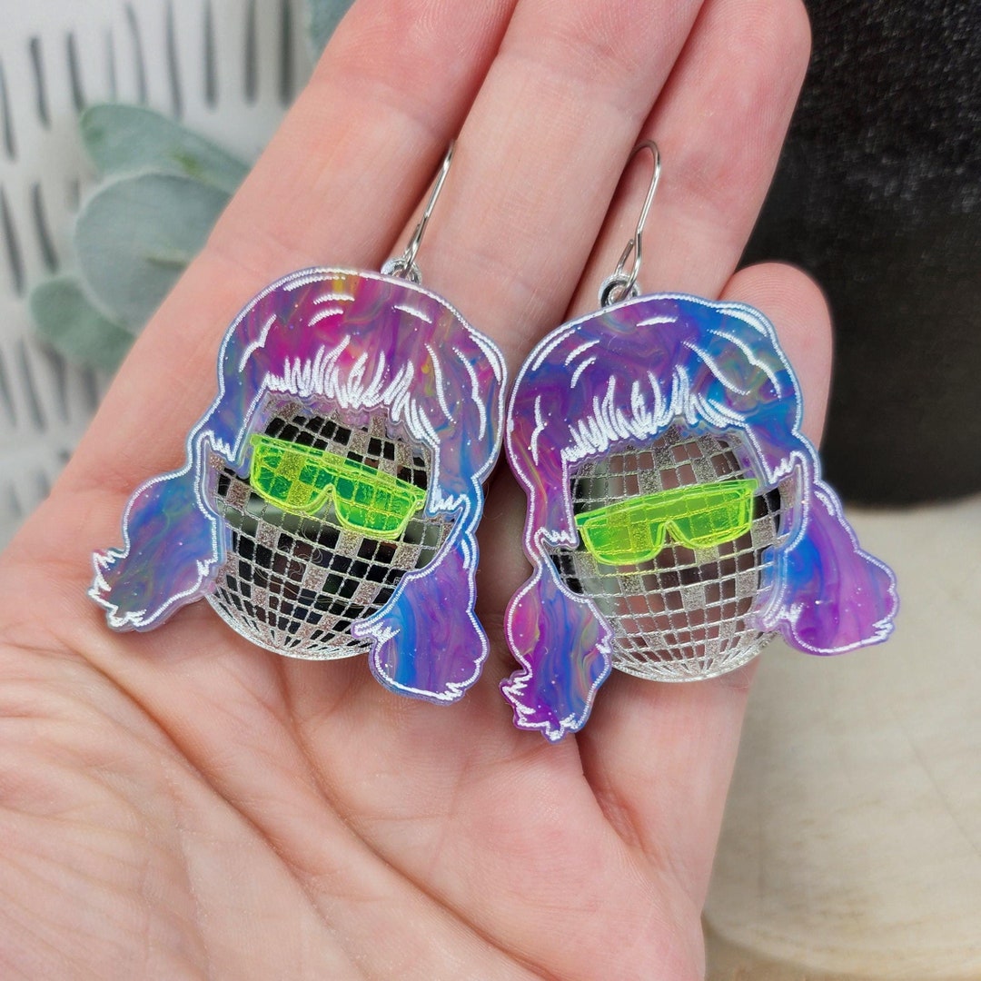 Weird Rainbow Mullet Disco Ball Acrylic Earrings | Funny Novelty Laser ...