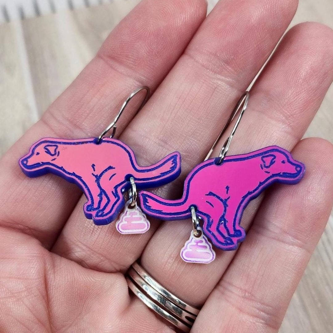 Funny Acrylic Dog Pooping Earrings | Iridescent Laser Cut Earrings - Etsy