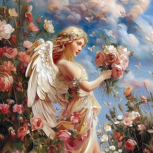 Angel With Flowers in Heaven Garden Painting, Matte Canvas, Stretched ...