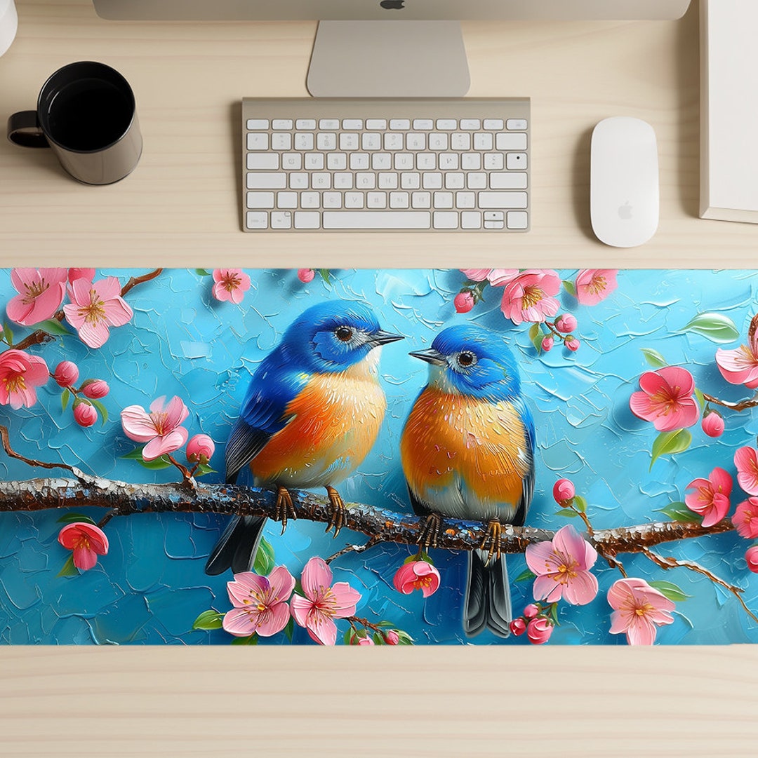 Blue Birds Gaming Mouse Pad, Pink Flowers Mousepad, Blooming Cherry ...