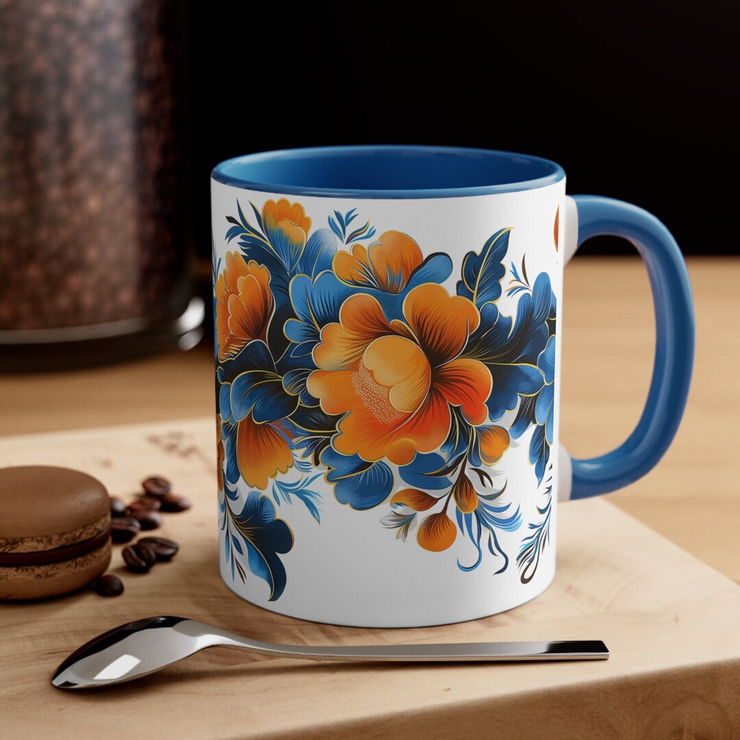 Floral Folklore in Blue, Two-tone Mug, 11oz, Ukrainian Lacquer Painting ...