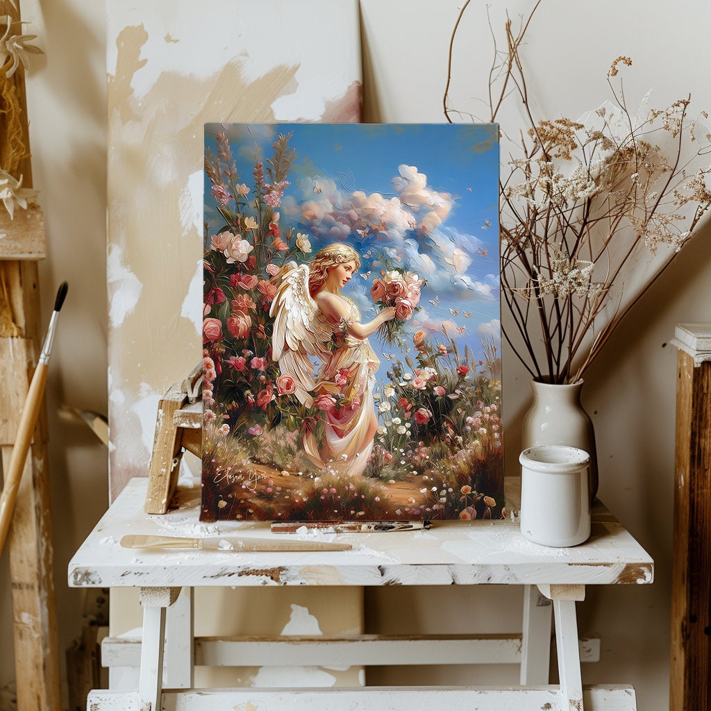 Angel With Flowers in Heaven Garden Painting, Matte Canvas, Stretched ...