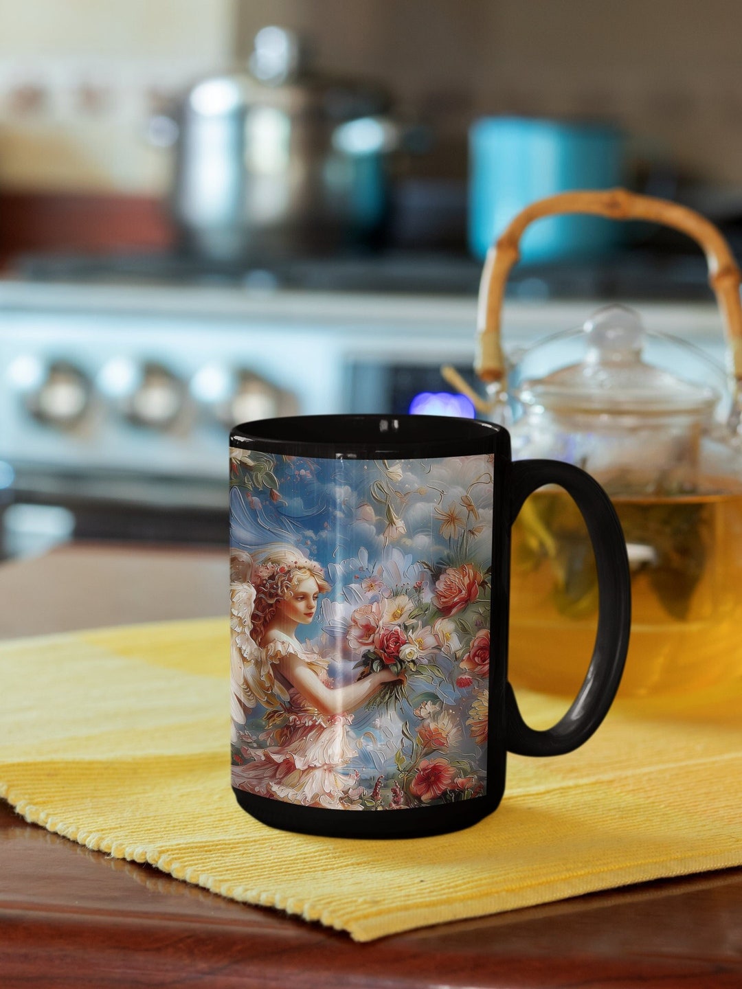 Angel With Flowers in Heavens Garden, Black Glossy Mug, 15oz, Print of ...